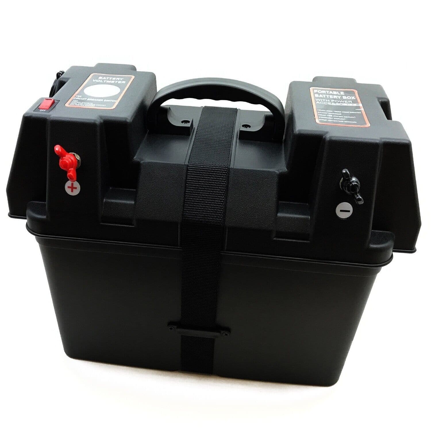 12v Leisure Battery Box with Electrics Voltmeter 2 x USB & 2 x 12V Sockets