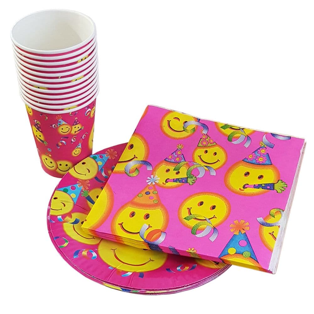 2 packs SMILEY FACE PARTY SET WITH PLASTIC CUTLERY birthday cups plates