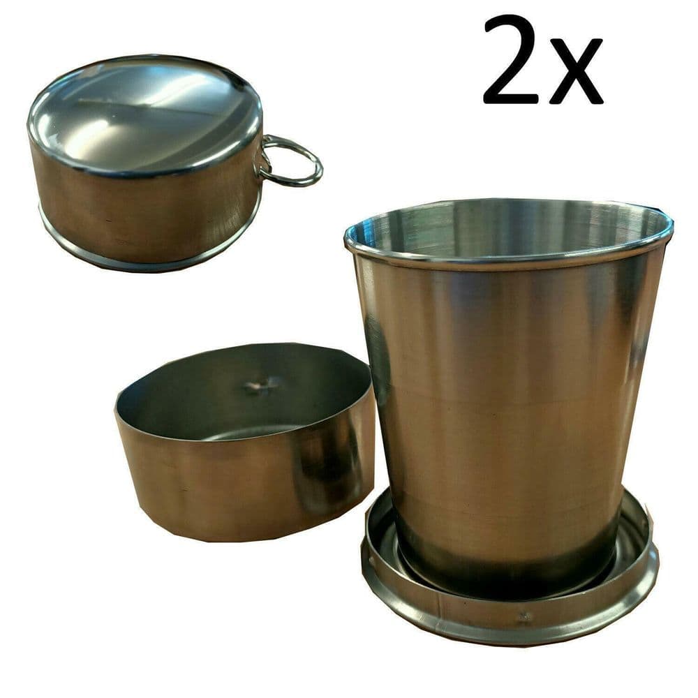 2 x STAINLESS STEEL FOLDING COLLAPSIBLE CUPS camping portable traveL 140ml