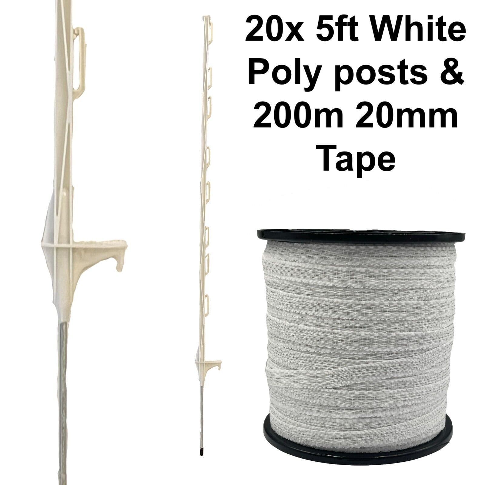 20 x 5ft 160cm Electric Fence White Posts with 200m of 20mm Poly Tape ...