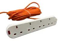 4 Gang Socket with 10 Metre Extension Hook up Lead 16a 3 Pin Plug caravan