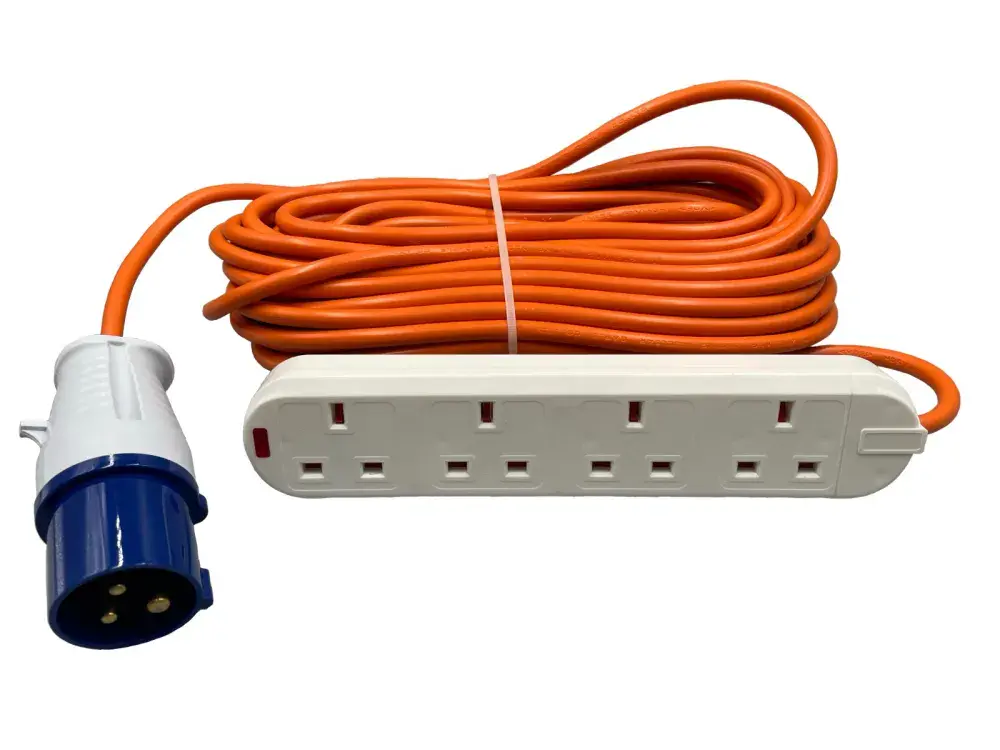 4 Gang Socket with 15 Metre Extension Hook up Lead 16a 3 Pin Plug Caravan
