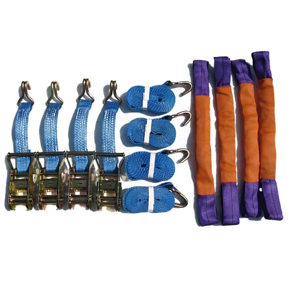 4 x Recovery Ratchet Wheel Strap Set 35MM 4 Metre 3T With Round Slings ...