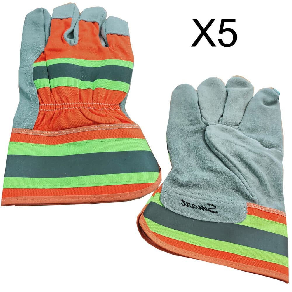 5 pairs HI - VIS COW SPLIT LEATHER HEAVY DUTY WORK GLOVES hi-vis warehouse
