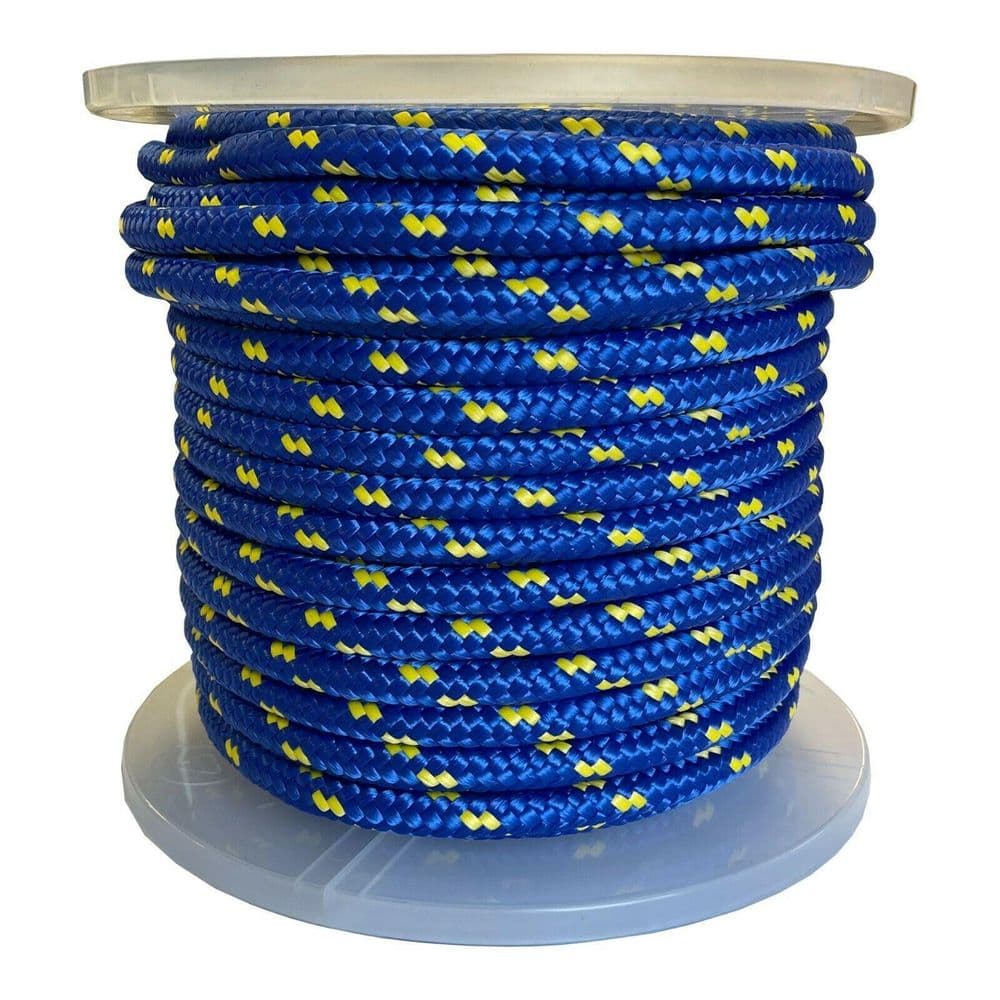 50 metres 12mm BLUE/YELLOW KERNMANTLE BRAIDED POLYPROPYLENE ROPE marine ...