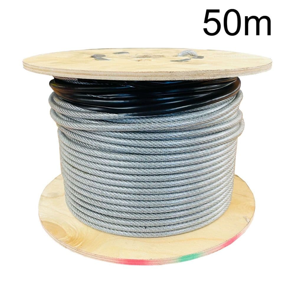 50 metres 8mm GALVANISED 6 x 19 WIRE ROPE CLEAR PVC COATED to 10mm gym ...