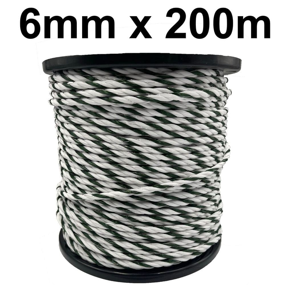 6mm Electric Fence White and Green Poly Rope - 200m Roll Fencing 6 x 0 ...