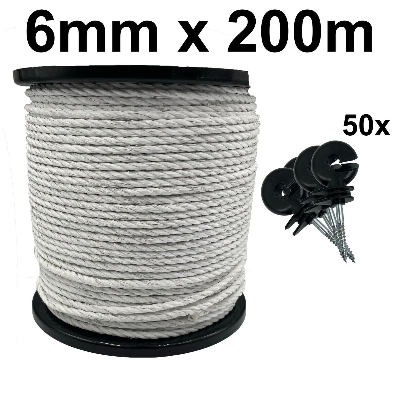 6mm Electric Fence White Poly Rope - 200m Roll with 50 Standard Ring ...