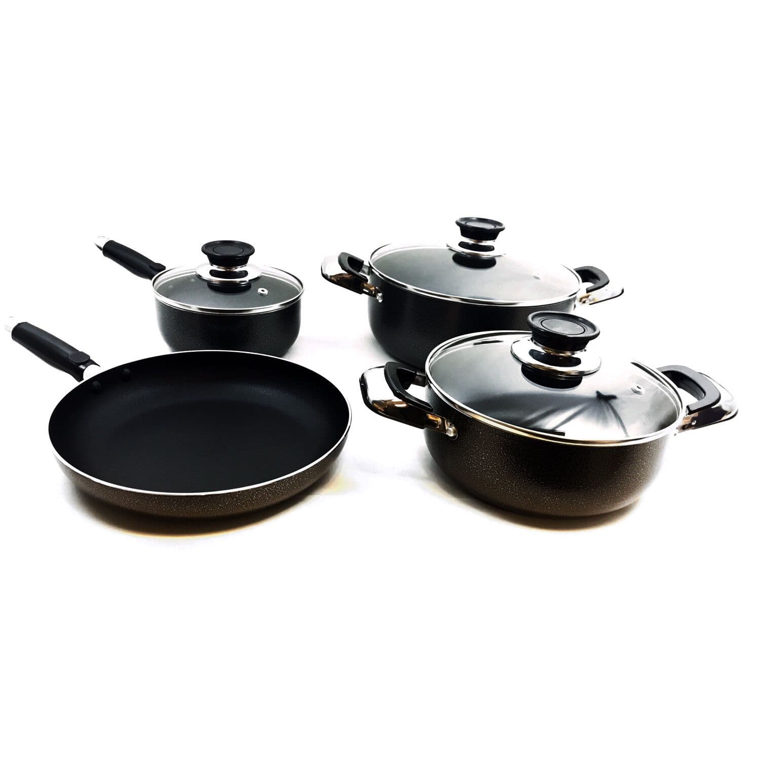 7 pc ALUMINIUM NON STICK COOKWARE SAUCEPAN SET with TEMPERED GLASS LIDS