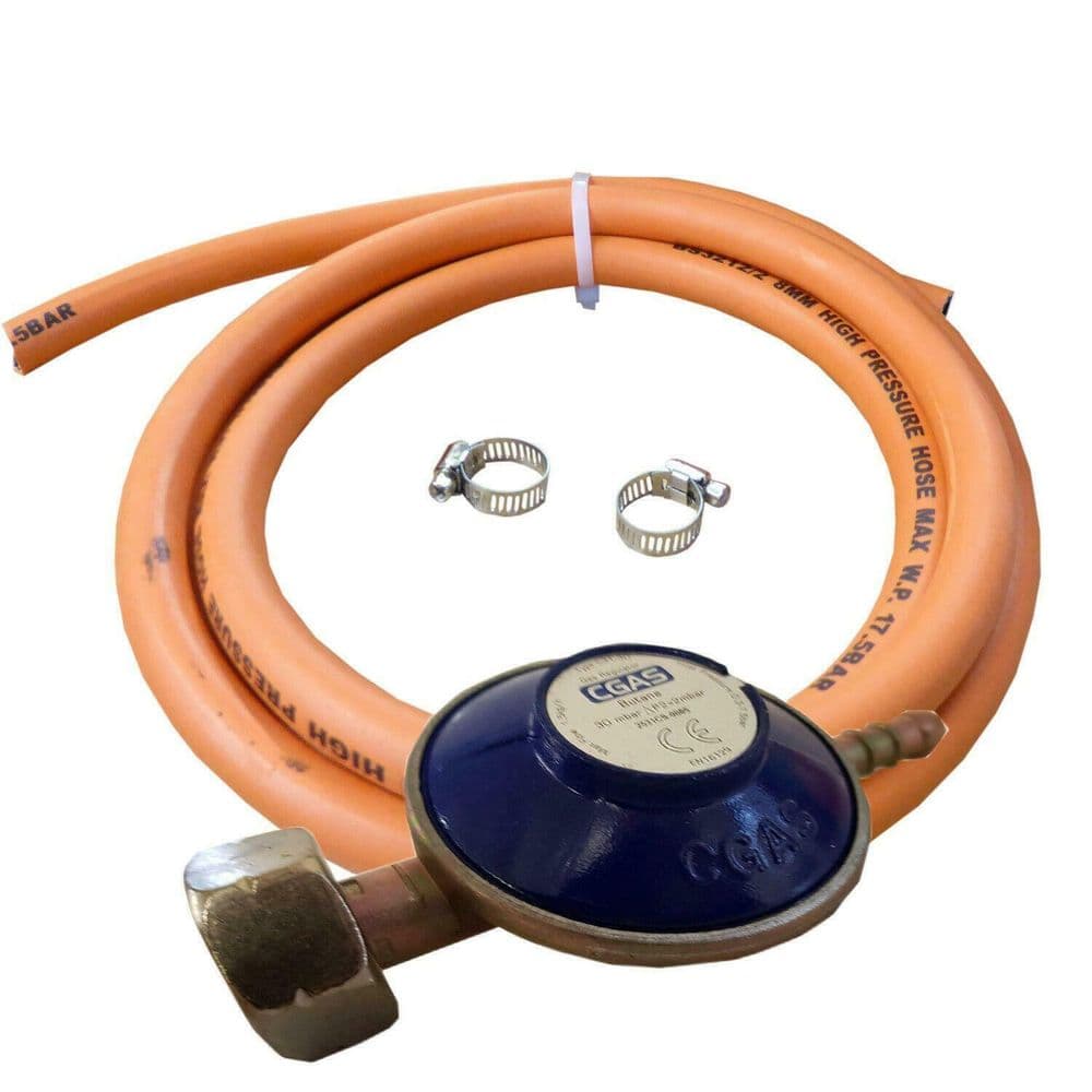 BUTANE SCREW ON GAS REGULATOR 30mbar 2m HOSE 2 CLAMPS caravan motorhome