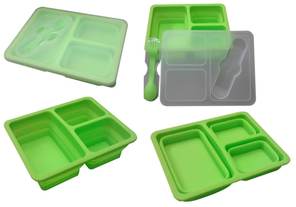 COLLAPSIBLE 3 compartment LUNCH BOX FOOD STORAGE CONTAINER with SPORK