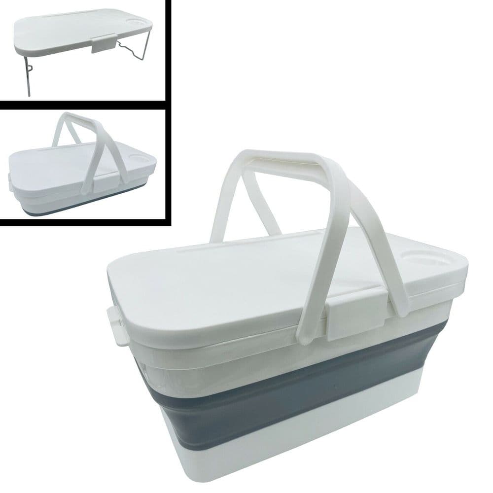 COLLAPSIBLE FOLDING PICNIC BASKET with TABLE TOP LID caravan camping ...