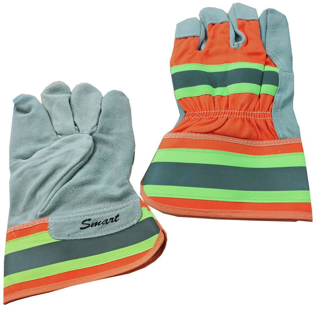 HI - VIS COW SPLIT LEATHER HEAVY DUTY WORK GLOVES hi-vis safety warehouse