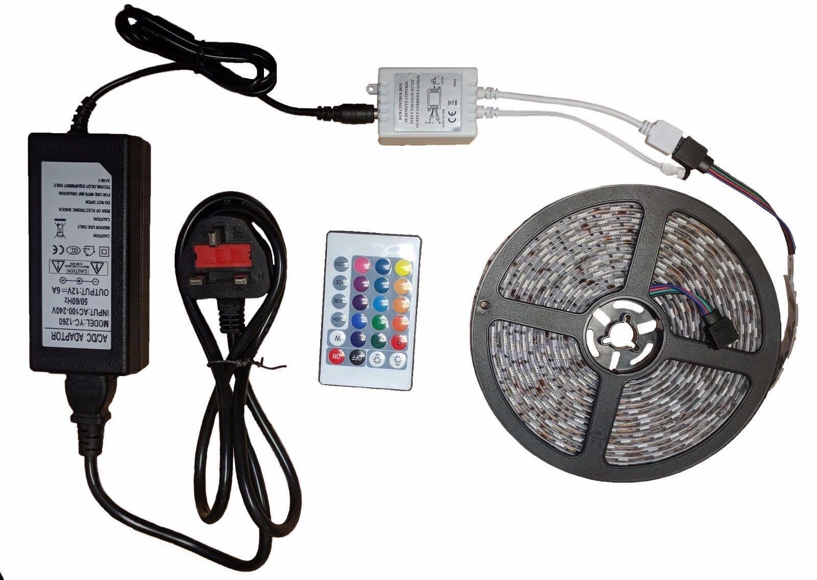 REMOTE CONTROL RGB LIGHTING STRIP 5M witH 3 pin UK ADAPTOR - 60 led s a ...