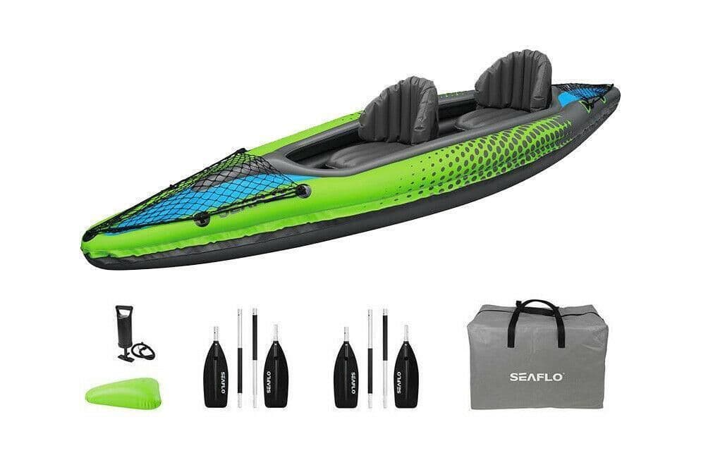 SEAFLO INFLATABLE TANDEM KAYAK with OARS - AIR BAG - PUMP - STORAGE BAG ...
