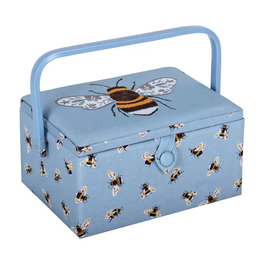 Blue Bees Embroidered Lid Medium Sewing Box