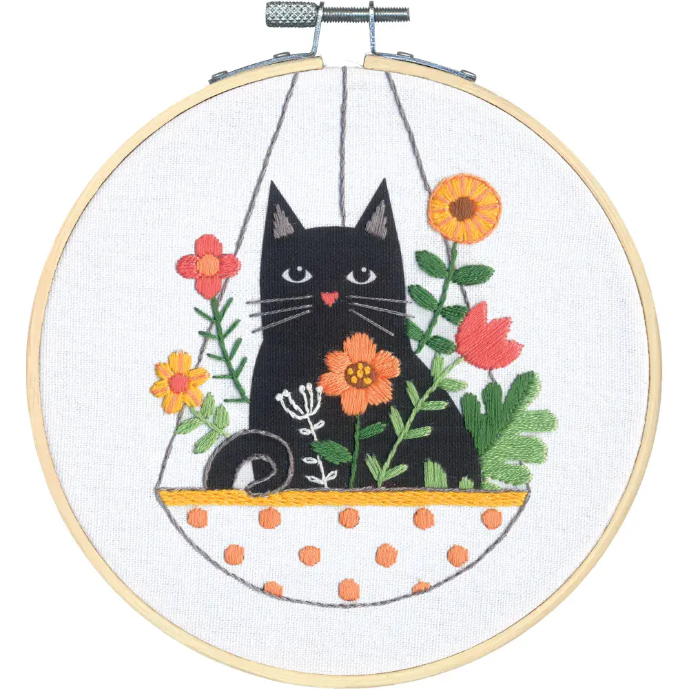 Embroidery Kit with Hoop Cat Floral Basket by Dimensions