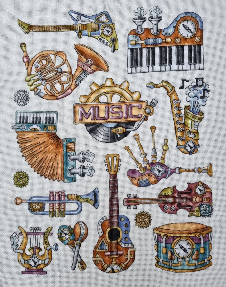 Lakeside Needlecraft Steampunk Musical Instruments printed cross stitch ...