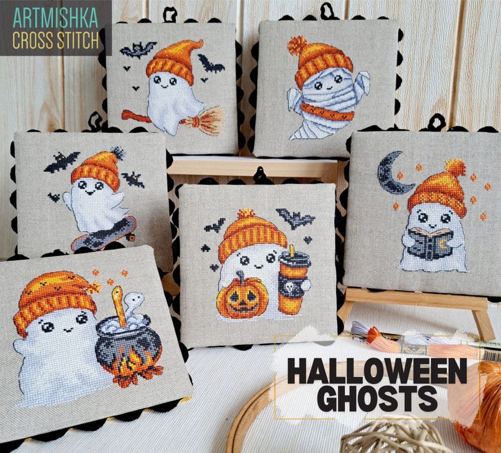 Set of 6 Halloween Ghosts Cross Stitch Ornaments cross stitch chart by ...