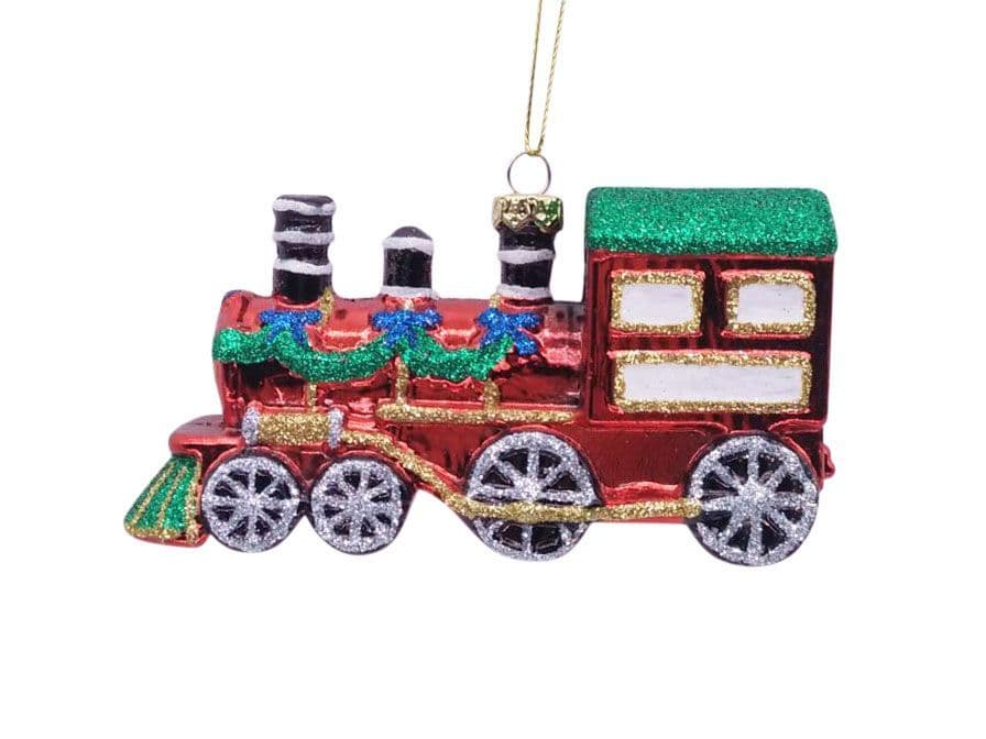 Festive 12cm Glass Red Christmas Train Hanging Bauble Decoration