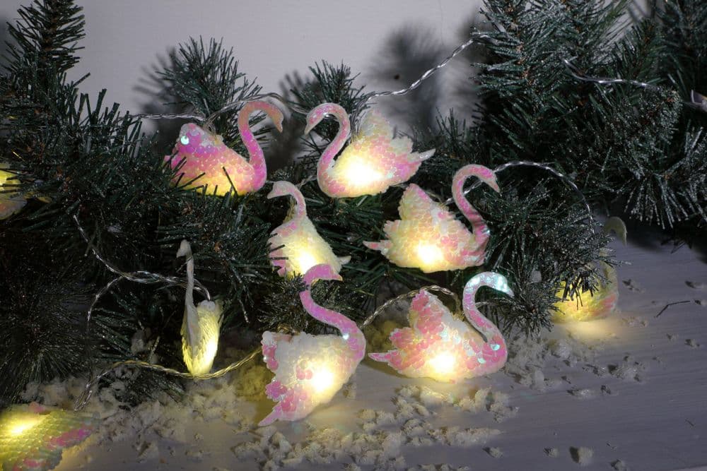Swan Garland Christmas Decoration Pearl Sequin 20 Warm LED Lights