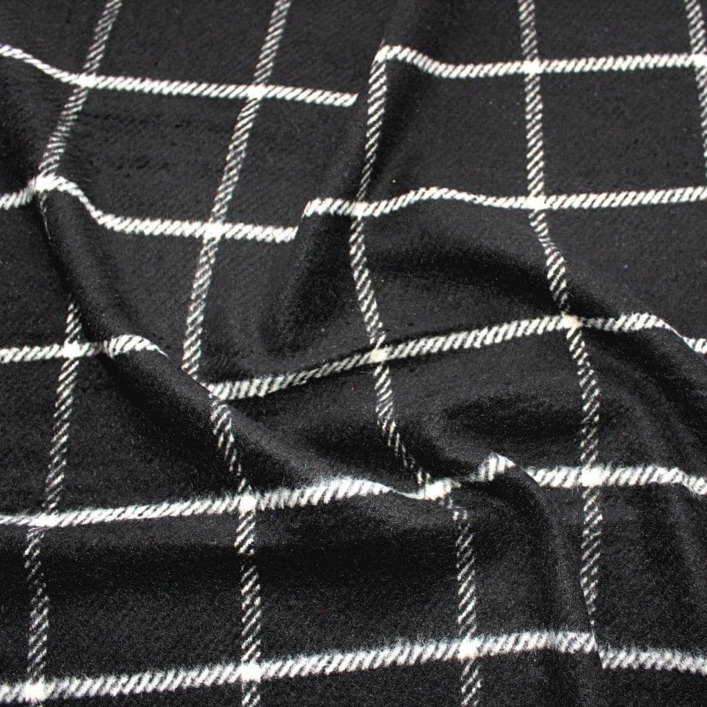 Brushed Wool Mix Dress Fabric - Window Pane Check Black