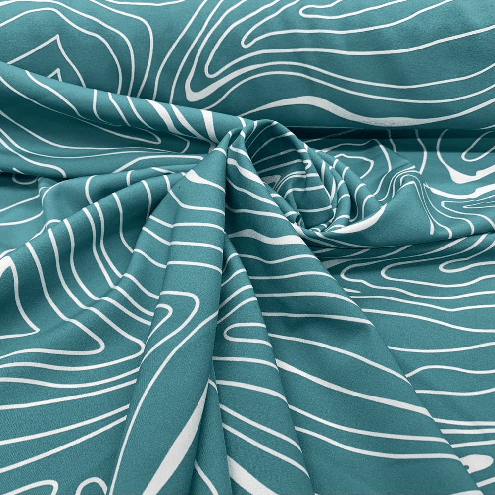 LINES Turquoise and White Curved Lines Viscose Dressmaking Fabric