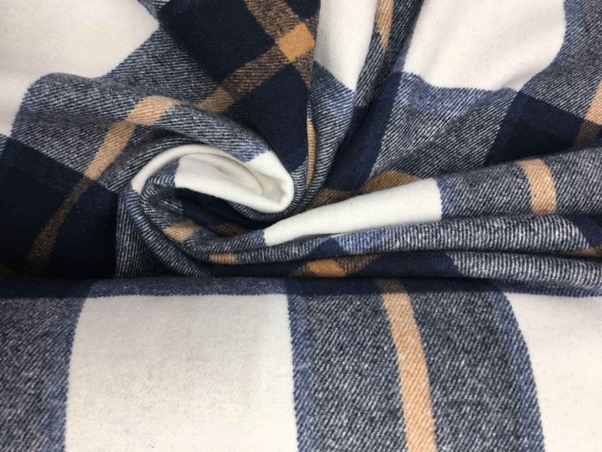 Navy Blue Cream Tan Polyester Check Dressmaking Fabric