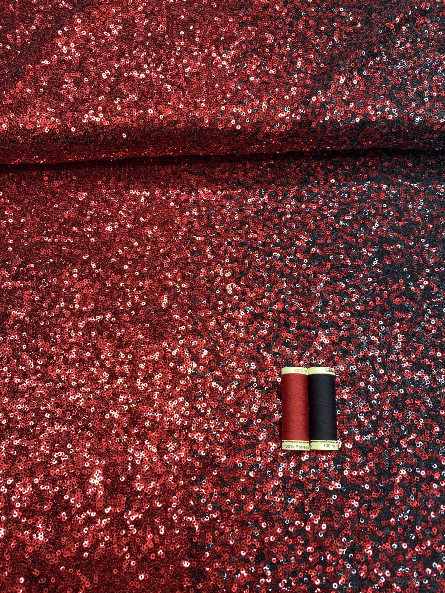 Polyester Mesh Sequin Dress Fabric- Red/Black Gradient