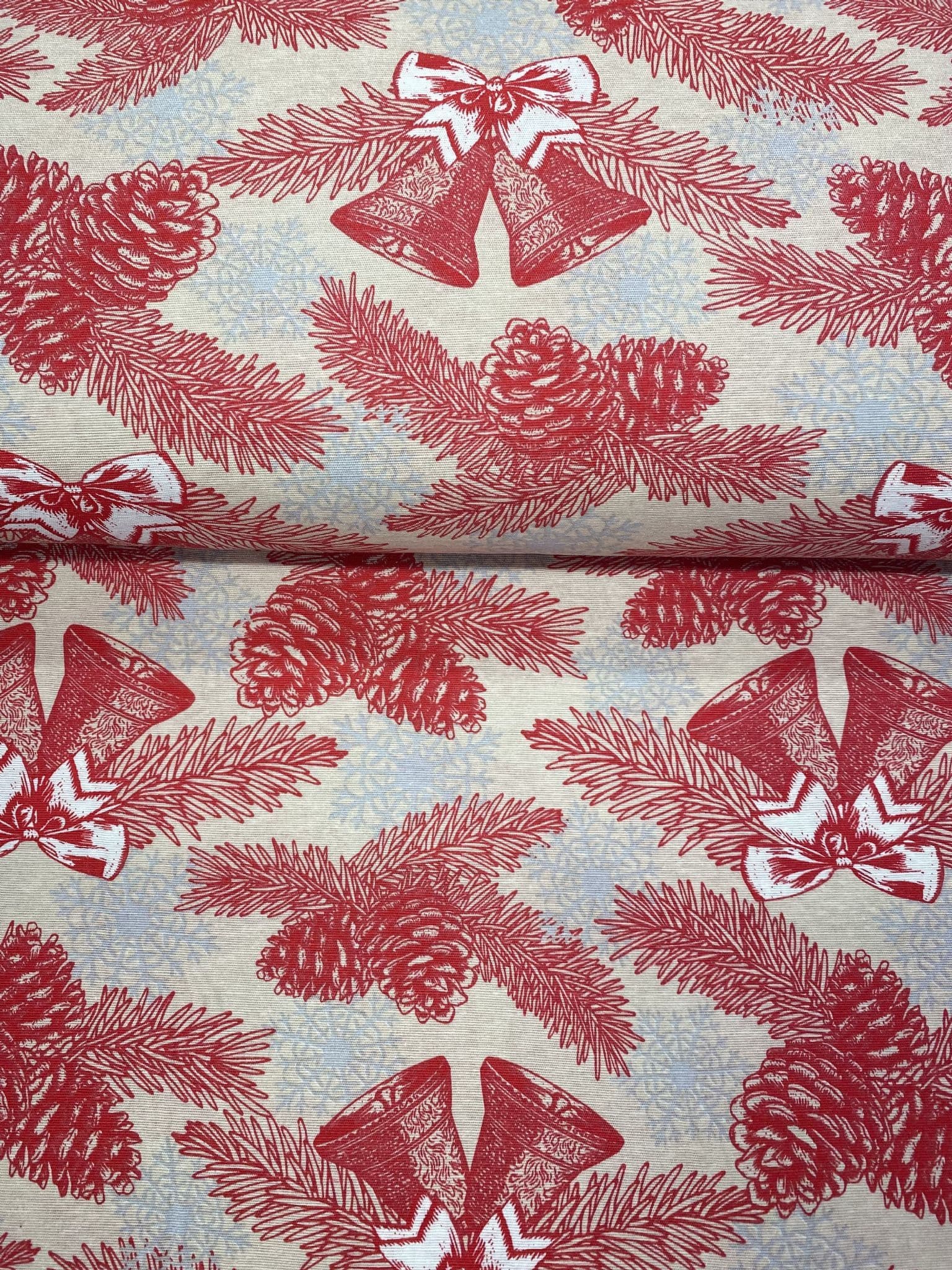 Red Jingle Sleigh Bells on Natural Craft Fabric