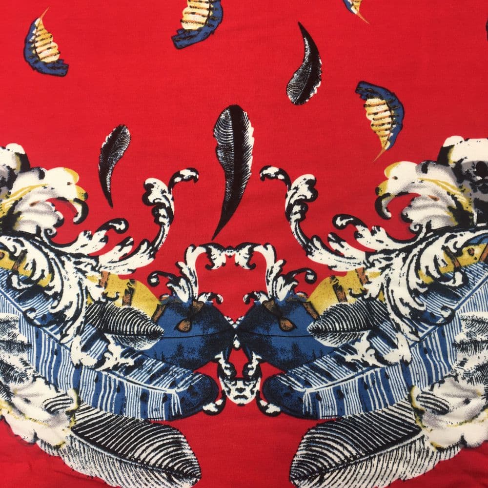 Viscose Dress Fabric - Blue Baroque Scroll Feathers on Red