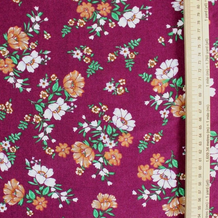Viscose Dress Fabric - Brown White Floral on Purple
