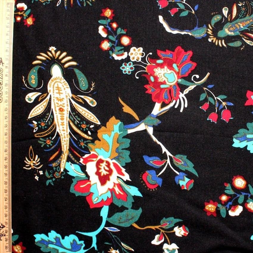 Viscose Dress Fabric - Koi Carp Flowers Black
