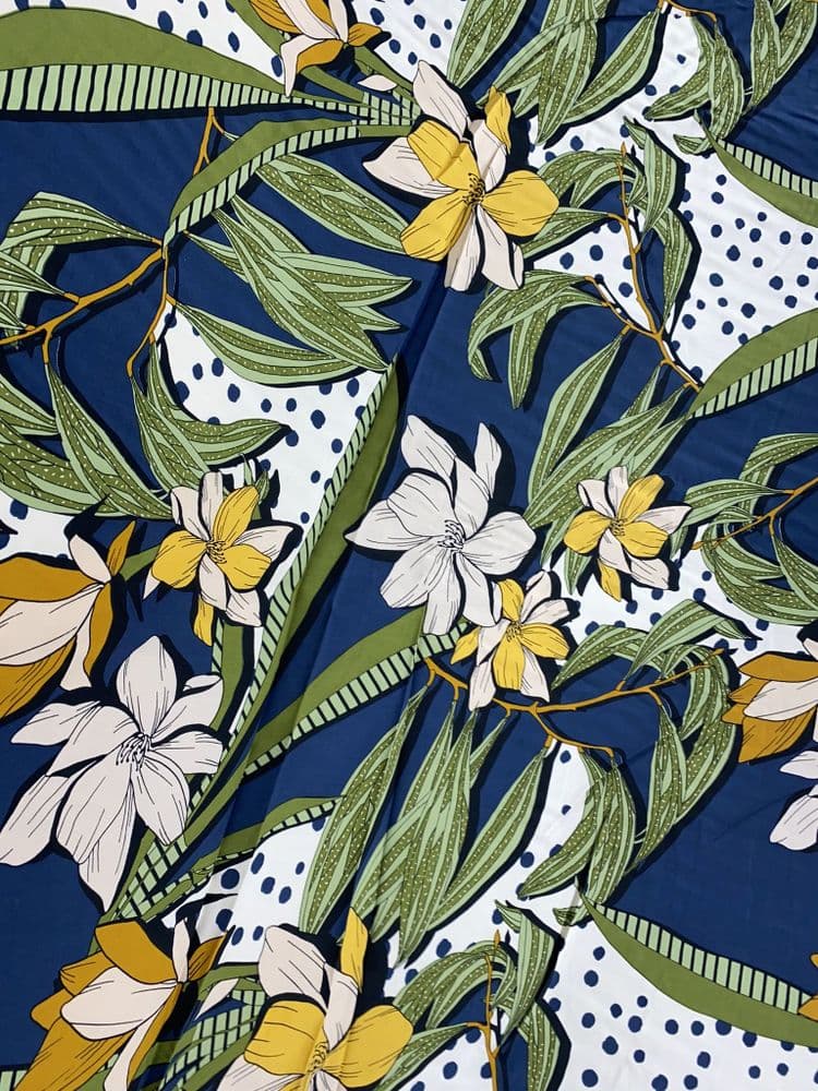 Viscose Dress Fabric - Monocot Yellow & Beige Flower on Navy
