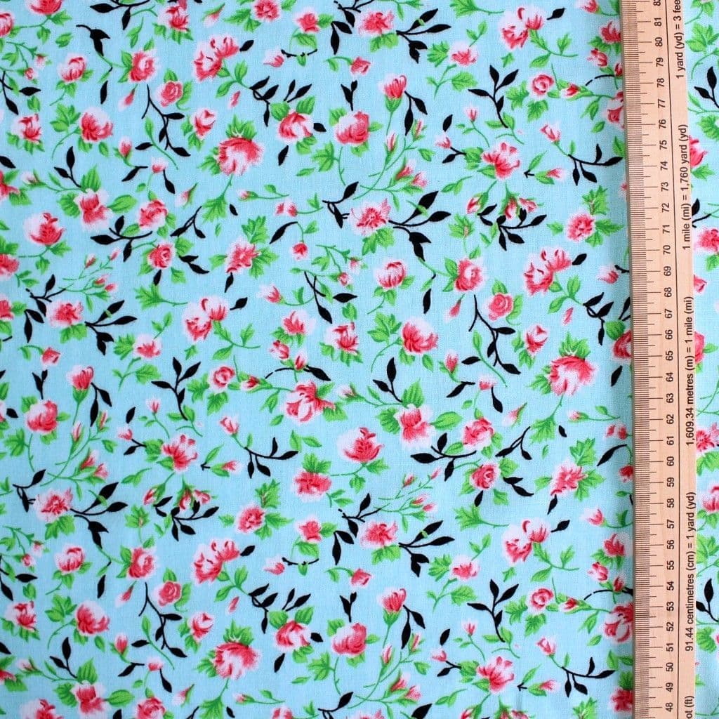 Viscose Dress Fabric - Pink Floral on Light Blue