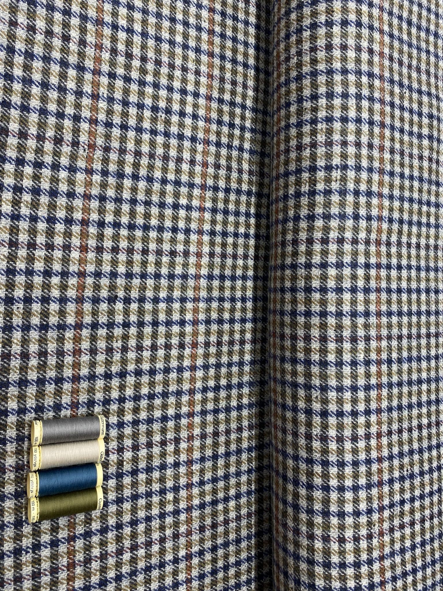 Wool Dogtooth Check Fabric - Blue Green Tans on Beige