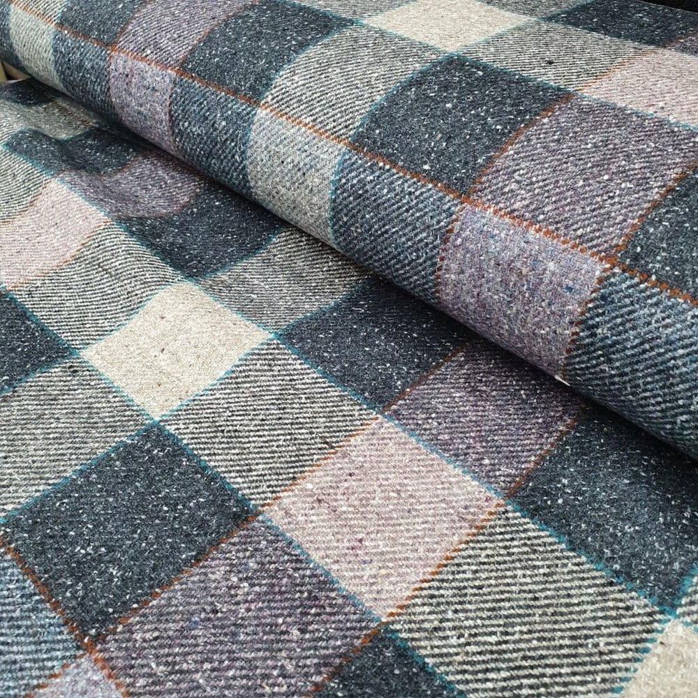 Wool Mix Dress Fabric - Grey with Broad Purple Check