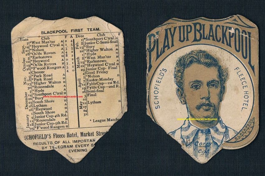 1888 -9 Baines-like fixture card Blackpool FC with captain Corry Bury ...