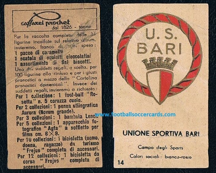 1930 s U S BARI club emblem & colours trade card by Caffarel Prochet faults