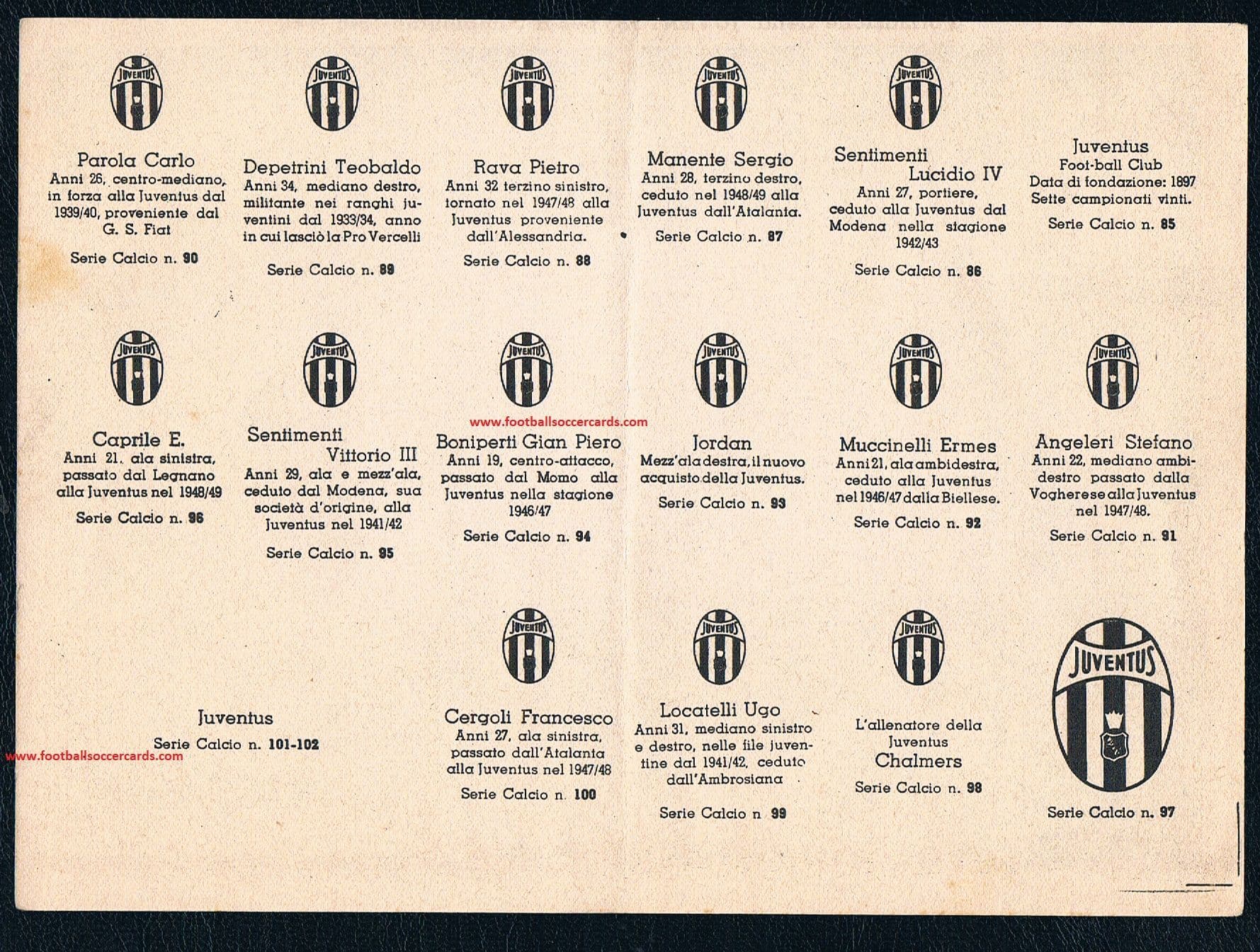 1948 Boniperti rookie card complete uncut Juventus team Nannina Tecnicolor