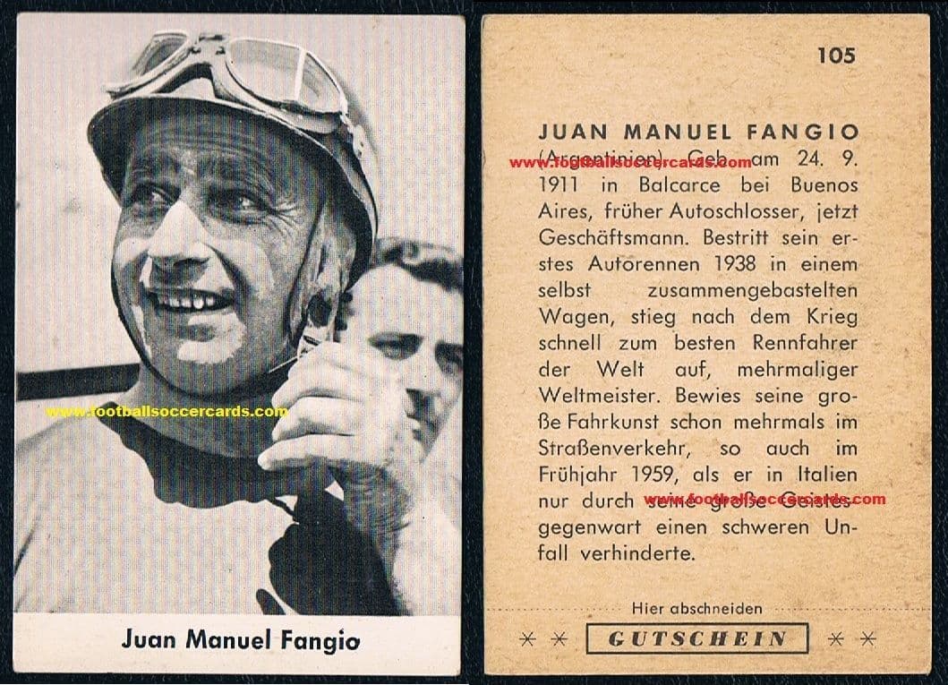 1959 -60 F1 legend FANGIO ultimate rare gum card Gutschein type Germany