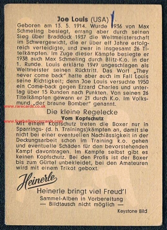 1960 Heinerle German boxing card Joe Louis better condition