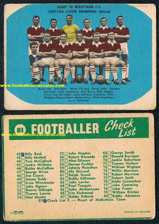 1963 A&BC Scottish Footballer cards HEARTS checklist 81 only issued in ...