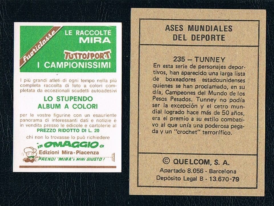 1968 -1979 x2 Gene Tunney cards Mira Italy & Quelcom Spain Boxing legend