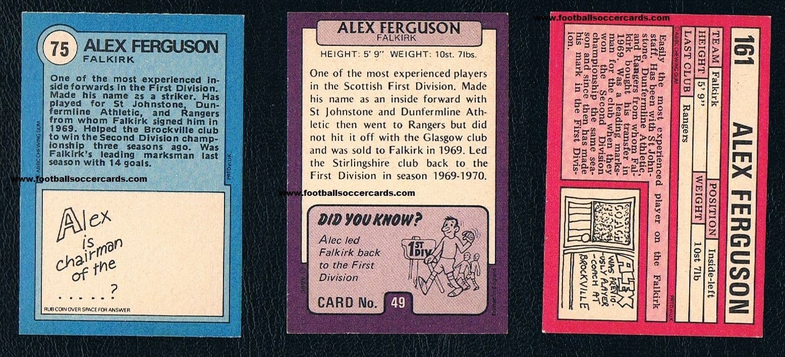 1971-3 Alex Ferguson FALKIRK cards 3 A&BC Gum Scottish issues 71 72 73