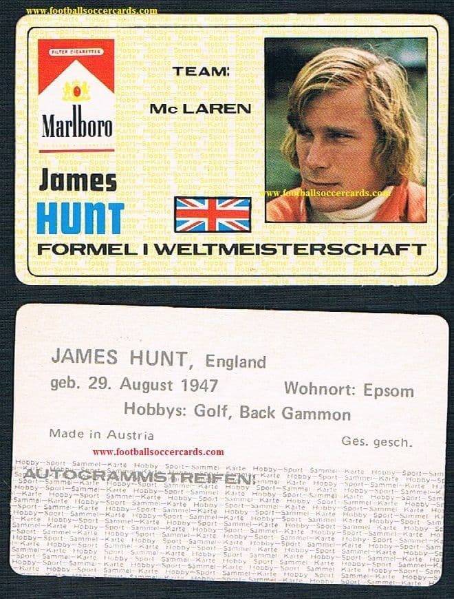1976 McLaren James Hunt rookie trade card from Austria
