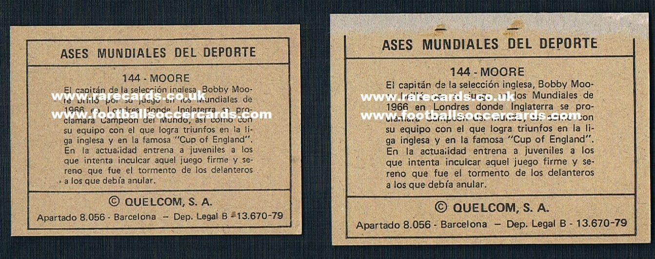1979 Bobby Moore pair of Quelcom cards smaller and larger types