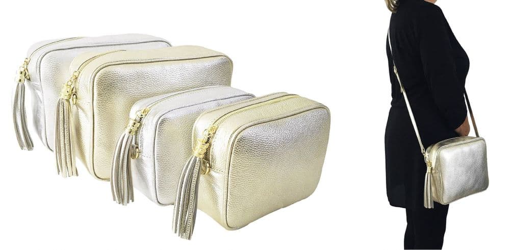 Metallic Gold & Silver Leather Tassel Camera Crossbody Style Bag ...