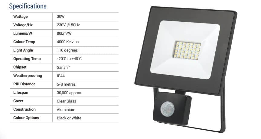 30W IP44 ELECTRICAL OUTSIDE LED FLOOD LIGHT WITH SENSOR - 2400LM / LUMENS IP44 2835