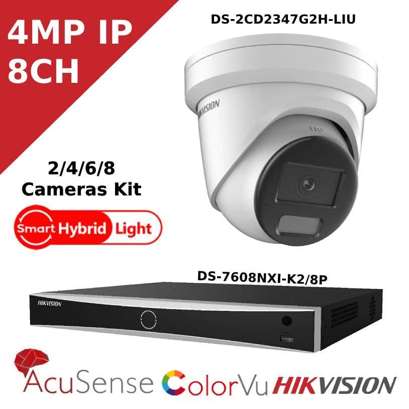 4MP IP Hybrid Light CCTV Kit - 8 Channel-POE AcuSense NVR - IR ColorVu - DS-2CD2347G2H-LIU - 2 8MM